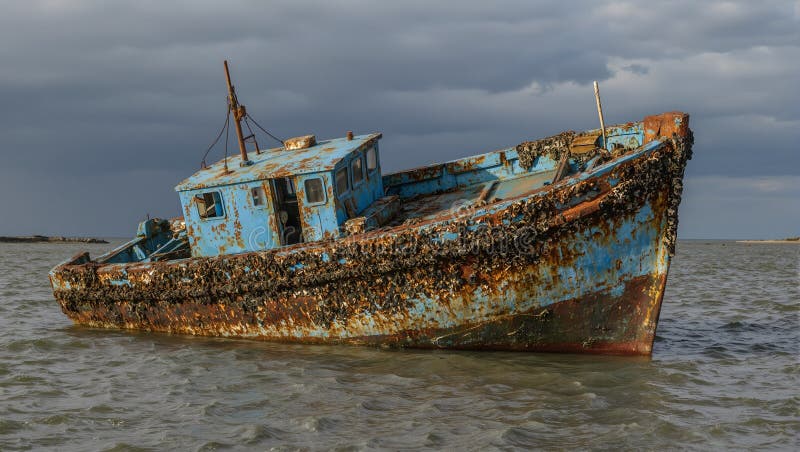 Abandoned Fishing Boat Covered in Rust and Barnacles Sunk in Muddy Bay ...