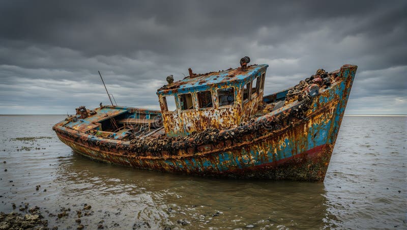 Abandoned Fishing Boat Covered in Rust and Barnacles Sunk in Muddy Bay ...
