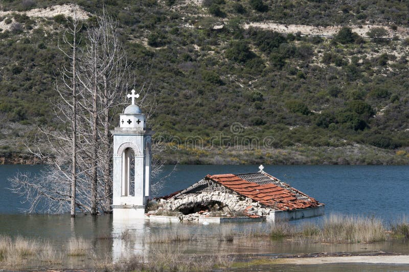 A Flooded Church in a Toxic Red Lake. Water Polluting by a Copper Mine ...