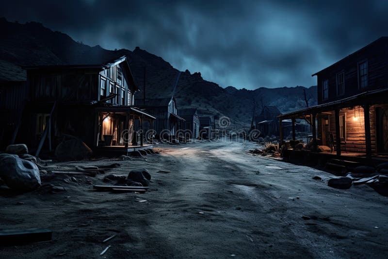 Abandoned Ghost Town in the Mountains at Night. Halloween Concept, AI ...