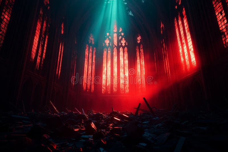 Abandoned Gothic Cathedral Interior with Broken Debris and Dramatic Lighting. Atmosphere is ...