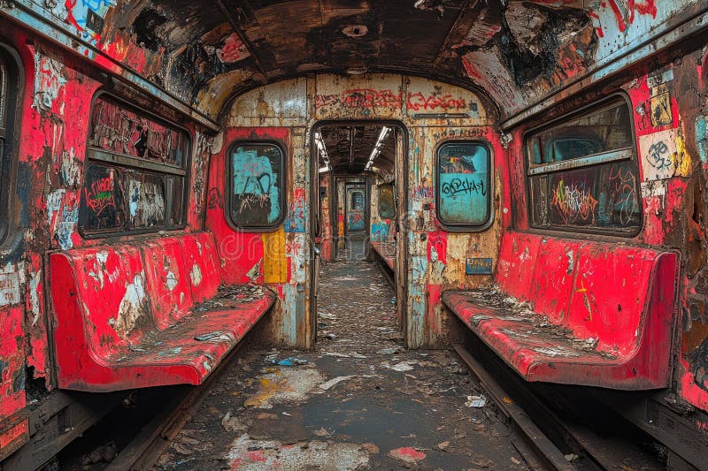Abandoned Subway Car Interior: Graffiti Art and Urban Decay Stock ...