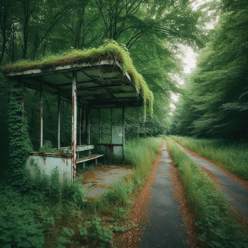 An Abandoned, Greenery Bus Stop Along the Road. Stock Photo - Image of ...