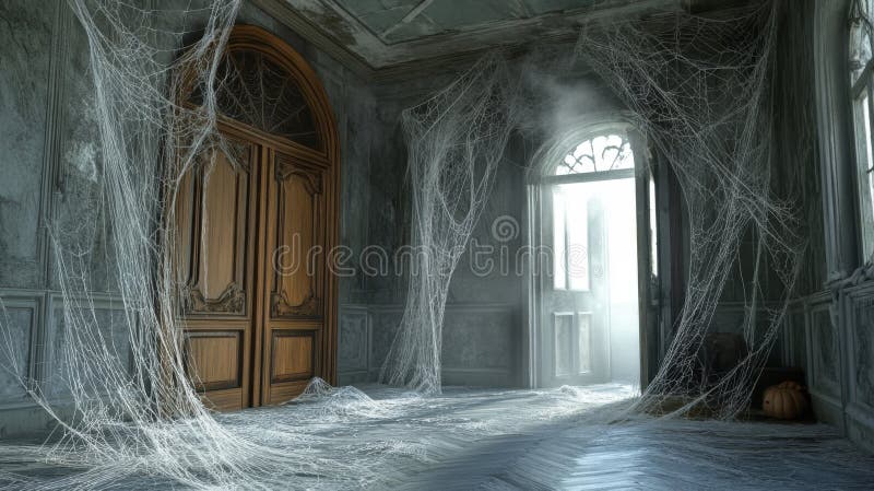 Abandoned Hallway Covered in Cobwebs with a Pumpkin Stock Illustration ...