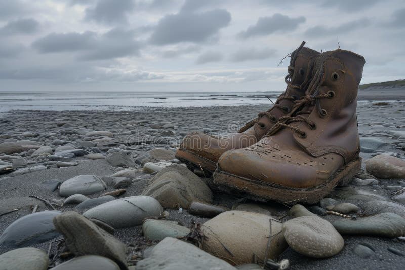 Abandoned Hiking Boots on a Stony Beach Stock Image - Image of lost ...