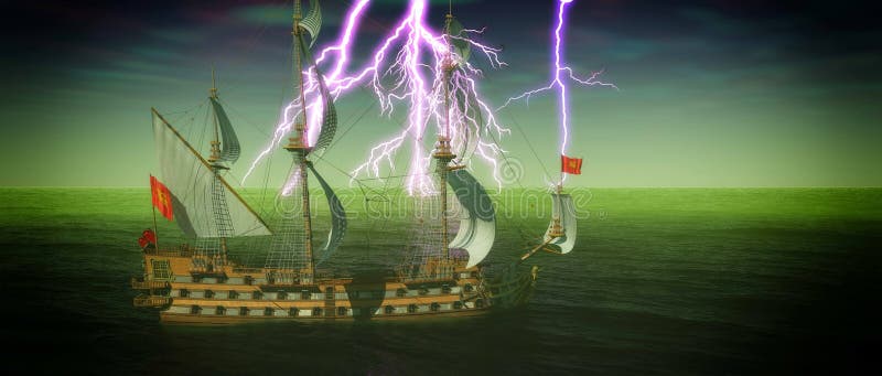 Abandoned Historic Sailing Ship in the Stormy Sea with a Lightning ...