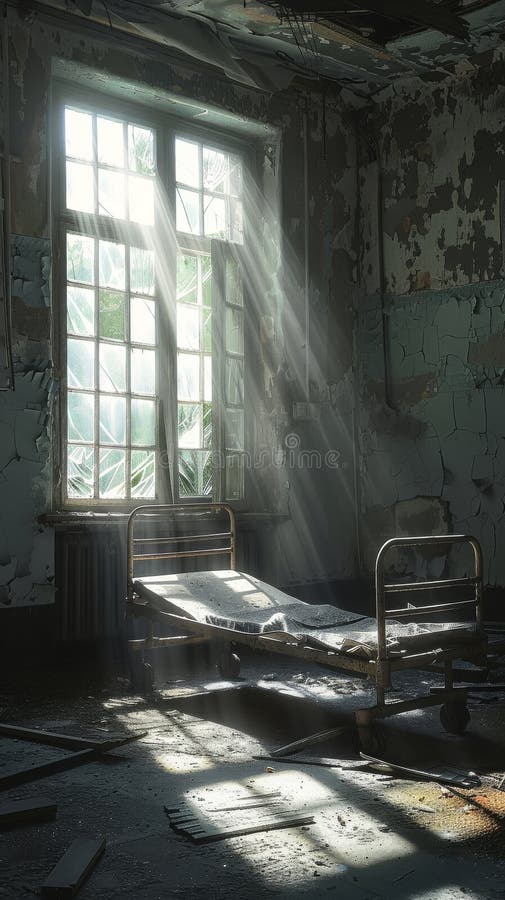 Abandoned Hospital Bed in Dilapidated Room with Sunlight Streaming ...