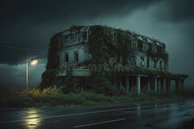 Abandoned Hotel, with Broken Windows and Overgrown Vegetation, on a ...
