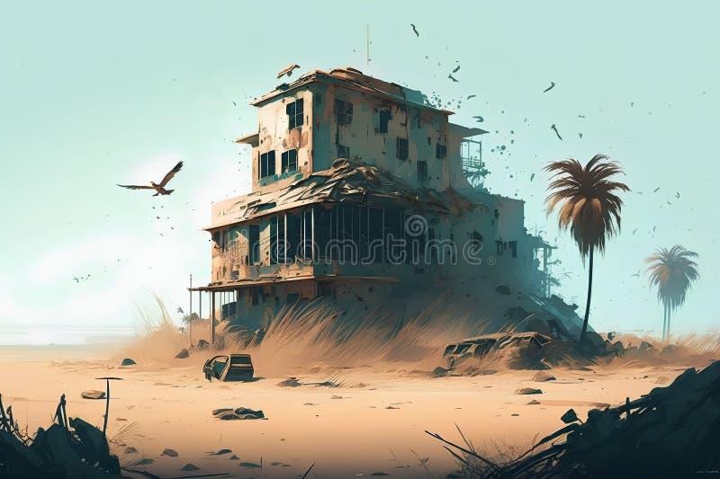 Abandoned House on the Beach. Illustration in Retro Style Stock ...