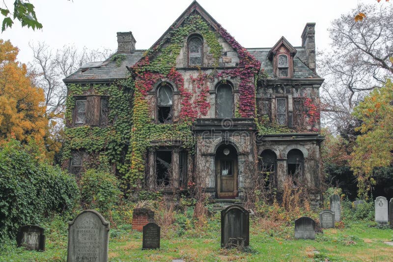 Abandoned House Covered in Ivy with Broken Windows and a Graveyard in ...