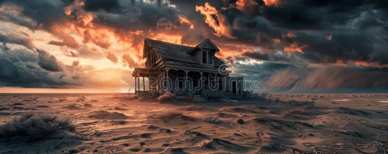 Abandoned House in a Desolate Desert Landscape with Dramatic Sunset ...