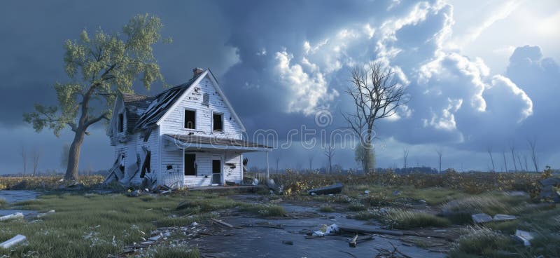 Abandoned House in Desolate Landscape with Dramatic Clouds and ...