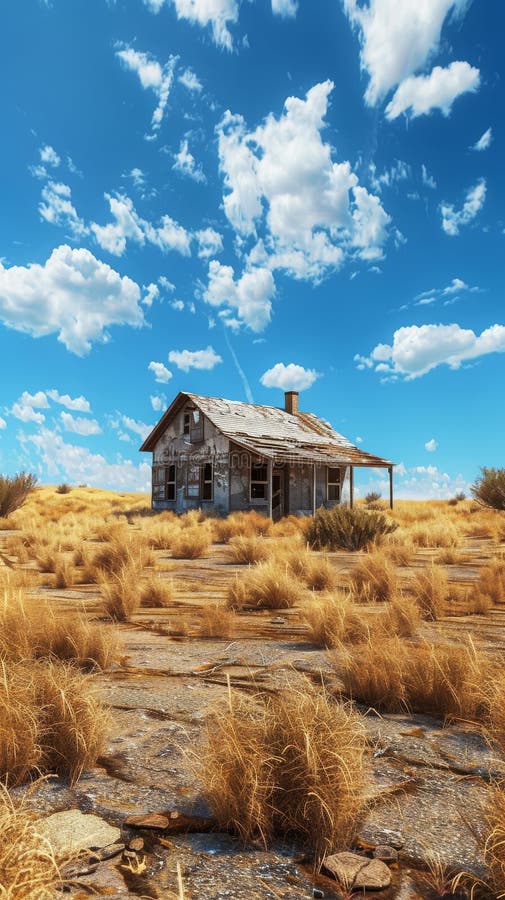 Abandoned House in a Dry Field Under Blue Sky with Fluffy Clouds ...