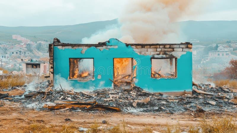 Abandoned House on Fire in Rural Field with Thick Smoke Stock Photo ...