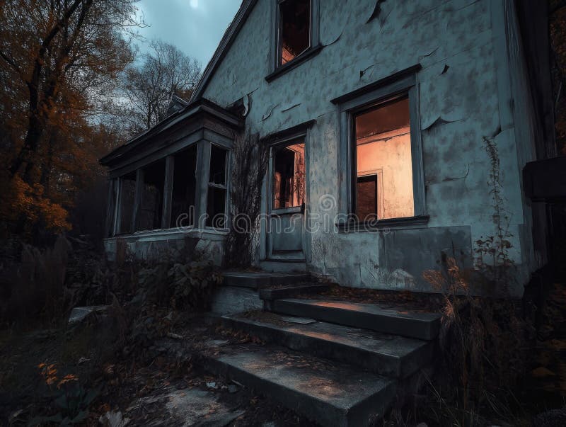 Abandoned House with Glowing Windows in a Dark Forest Stock ...