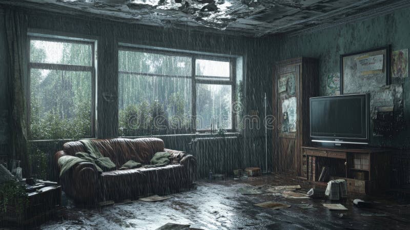 Abandoned House Interior with Rain Damage Stock Illustration ...