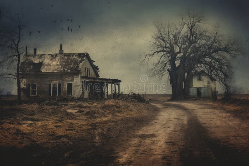 Abandoned House in the Middle of a Rural Road with Bare Trees Stock ...