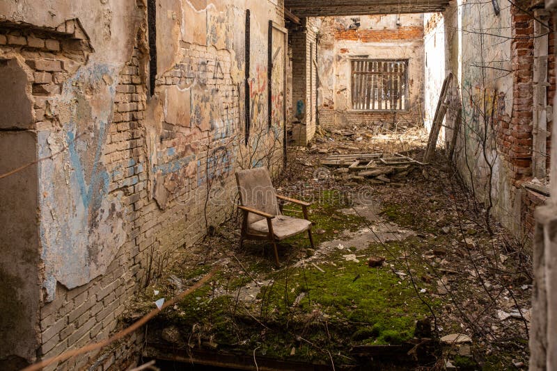 Abandoned House. Moss Grows Inside. Everything is Broken and Destroyed ...