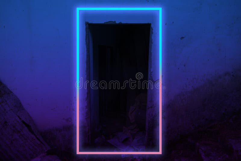 Abandoned House in Night Time with Rectangular Neon Light Stock Photo ...