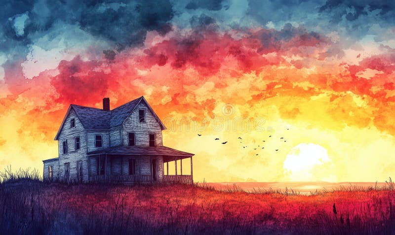 Abandoned House at Sunset with Dramatic Sky and Vibrant Colors Stock ...