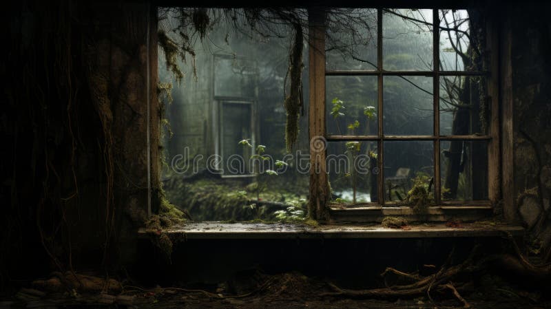 Abandoned House Window: a Post-apocalyptic Forestpunk Scene Stock ...