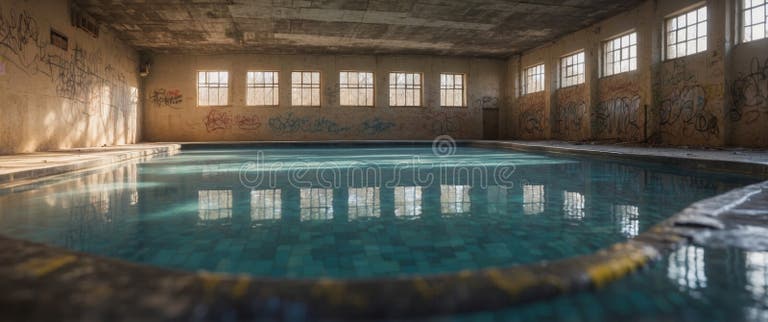 Abandoned Indoor Swimming Pool with Sunlight Rays and Graffiti ...