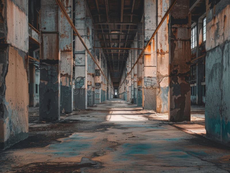 An Abandoned Industrial Building Featuring Rusted Columns and Peeling ...
