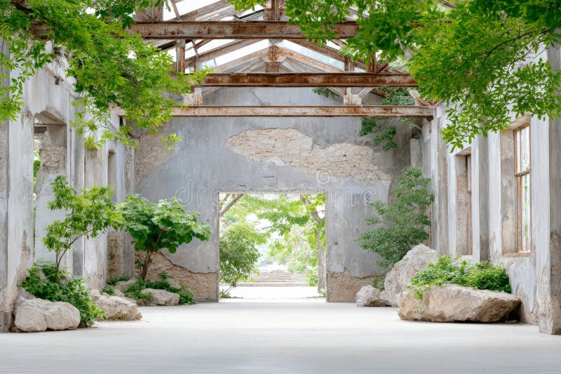Abandoned Industrial Building with Greenery and Rustic Architecture ...
