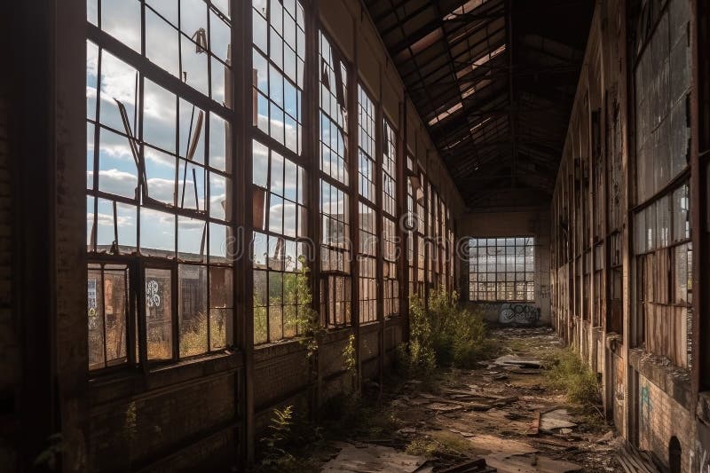 Abandoned Industrial Complex with Broken Windows and Rusted Metal ...