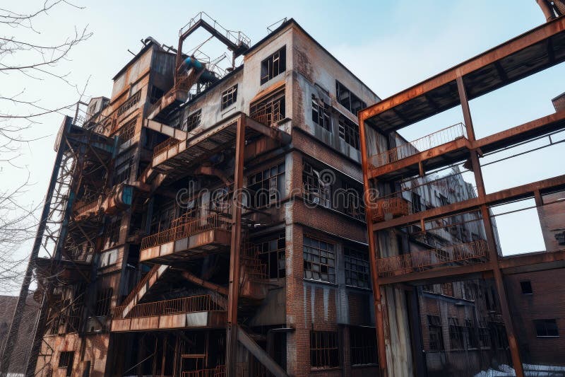 Abandoned Industrial Complex with Broken Windows and Rusted Metal ...