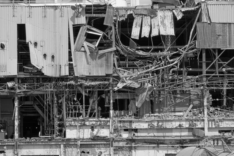 Abandoned Industrial Factory Building in Grayscale Stock Image - Image ...