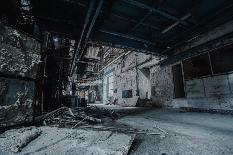 Abandoned Industrial Interior with Debris and Structural Decay Stock ...