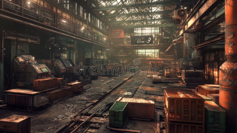 Abandoned Industrial Interior with Rusty Machinery and Rail Tracks ...