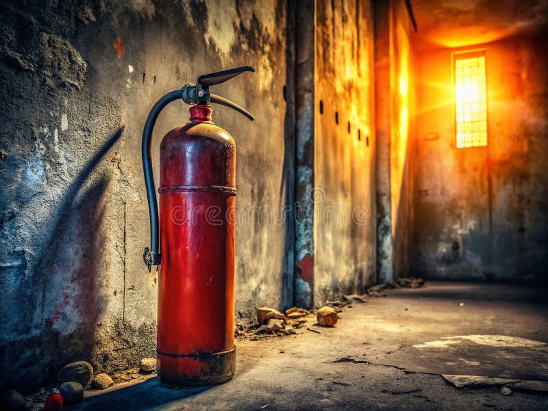 Abandoned Industrial Scene a Rusty Fire Extinguisher Against a Gray ...