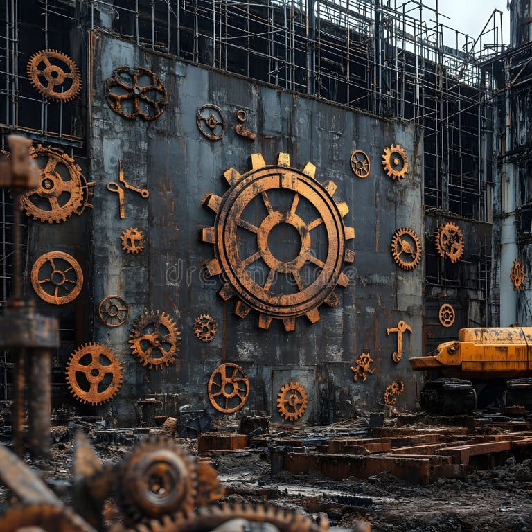 Abandoned Industrial Site with Gear and Rust Icons Stock Illustration ...