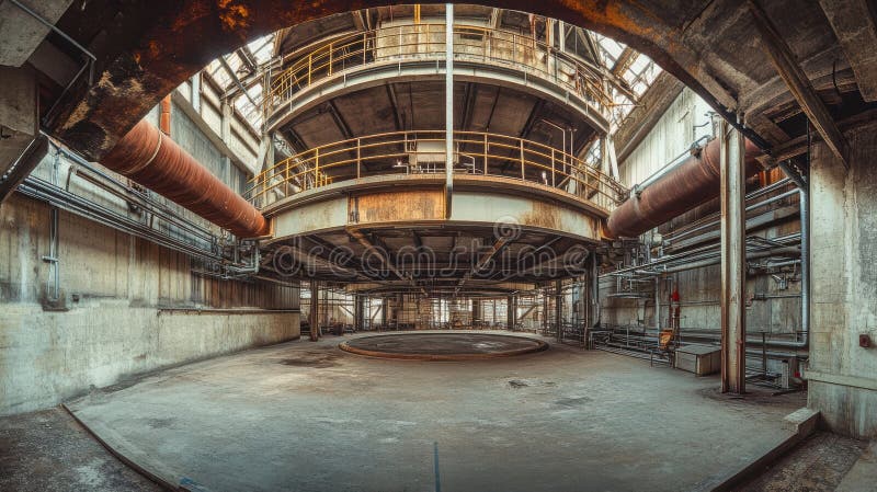Abandoned Industrial Space with Circular Structures and Rusty Pipes ...