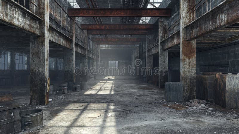 Abandoned Industrial Space with Rusted Beams and Scattered Debris ...