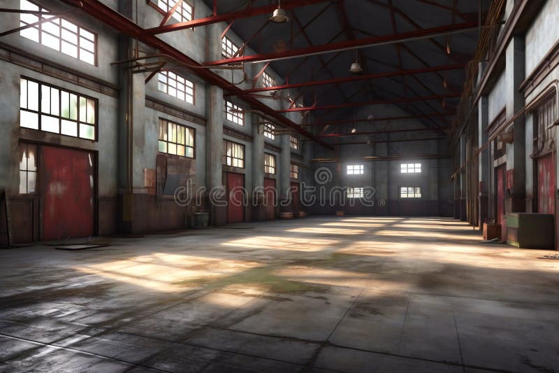 Abandoned Industrial Warehouse Interior with Large Windows and Wooden ...
