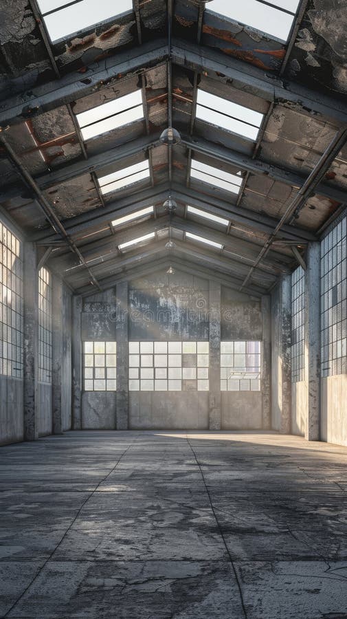 Abandoned Industrial Warehouse Interior with Sunlight Streaming through ...
