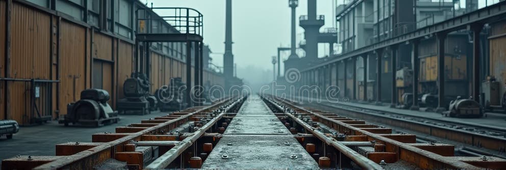 Abandoned Industrial Warehouse with Rusted Rail Tracks in Overcast ...