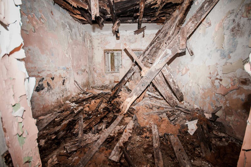 Abandoned Interior of a Deteriorating Structure with Collapsed Ceiling ...