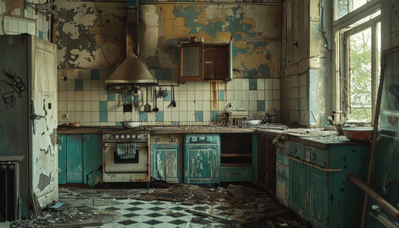 Abandoned Kitchen with Peeling Paint and Scattered Debris in a Derelict ...