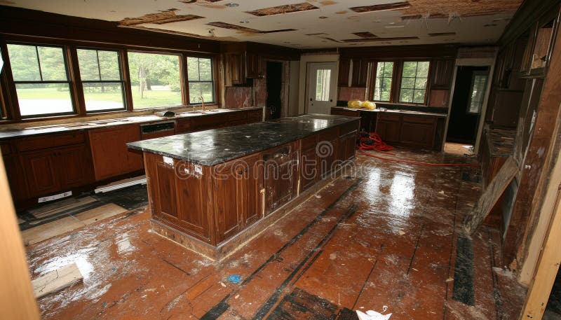 Abandoned Kitchen in a Rural House Showing Water Damage and Disarray ...
