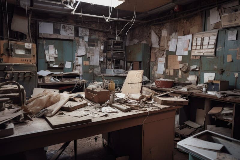 Abandoned Laboratory with Broken Equipment and Scattered Papers ...