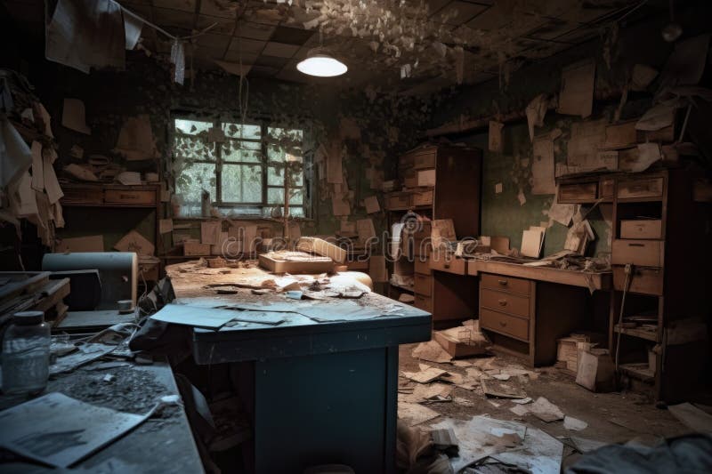 Abandoned Laboratory with Broken Equipment and Scattered Papers ...