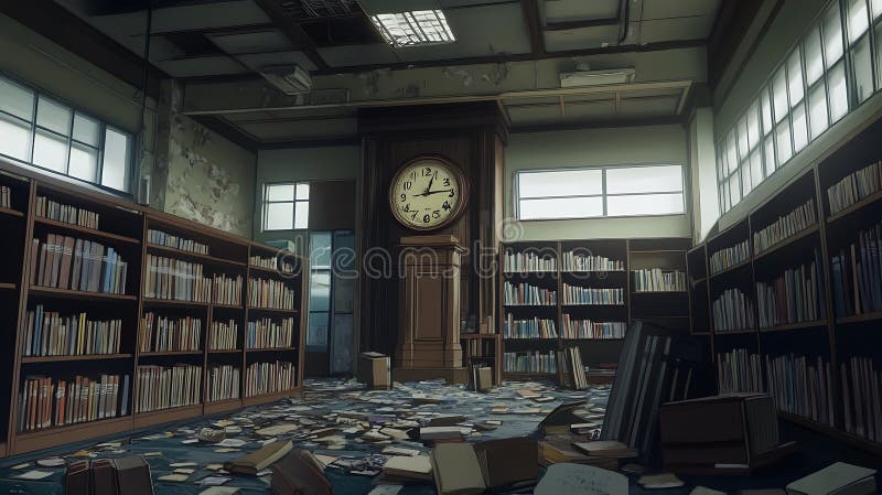 Abandoned Library with Books Scattered on the Floor Stock Illustration ...