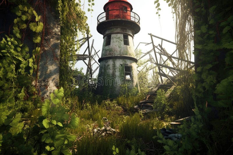 Abandoned Lighthouse with Overgrown Vegetation Around it Stock Image ...