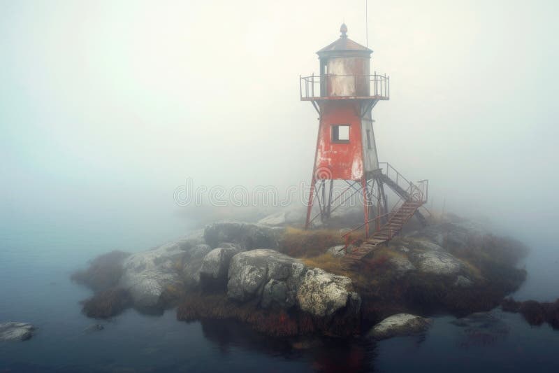 Abandoned Lighthouse Surrounded by Dense Fog Stock Photo - Image of ...