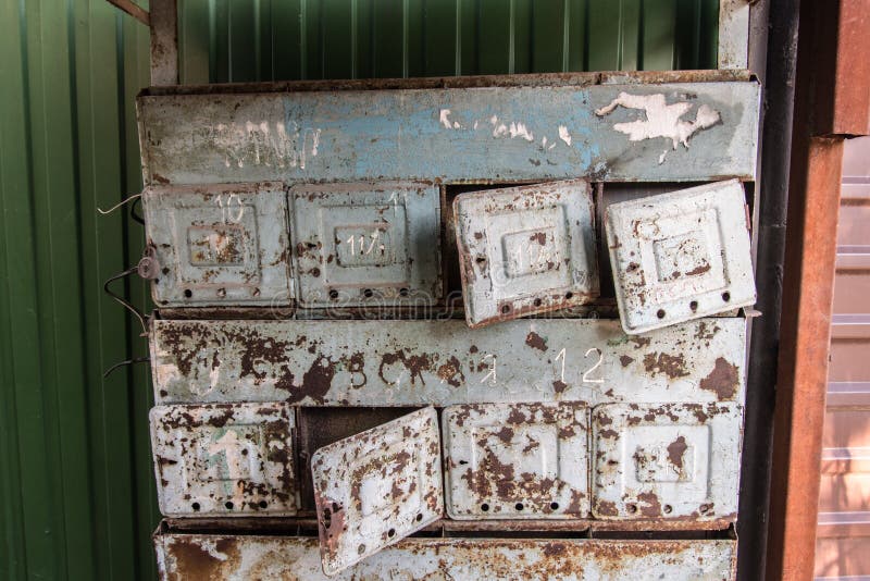 Abandoned Mailboxes. Desolation and Ruin. Concept. Rusty Metal Boxes ...