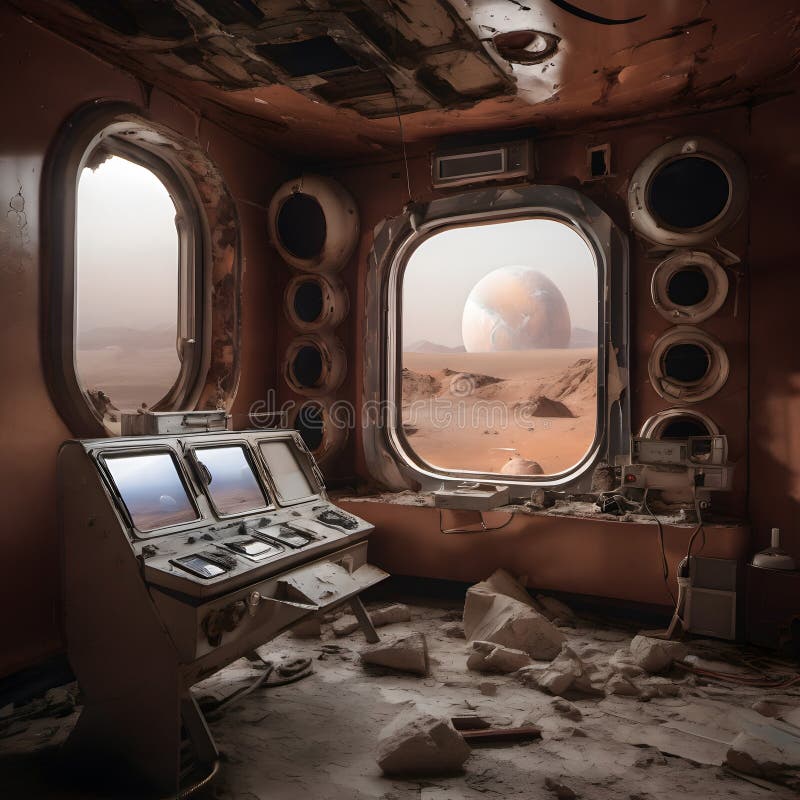 Abandoned Mars Base Interior with Alien Planet View through Windows ...